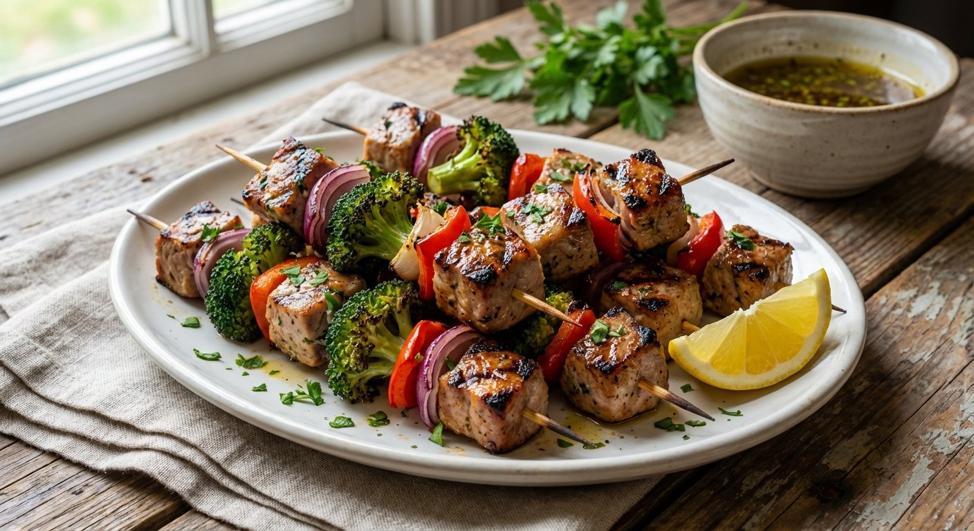 Mini pinchos de cerdo mediterráneo con brócoli | En mi cocina